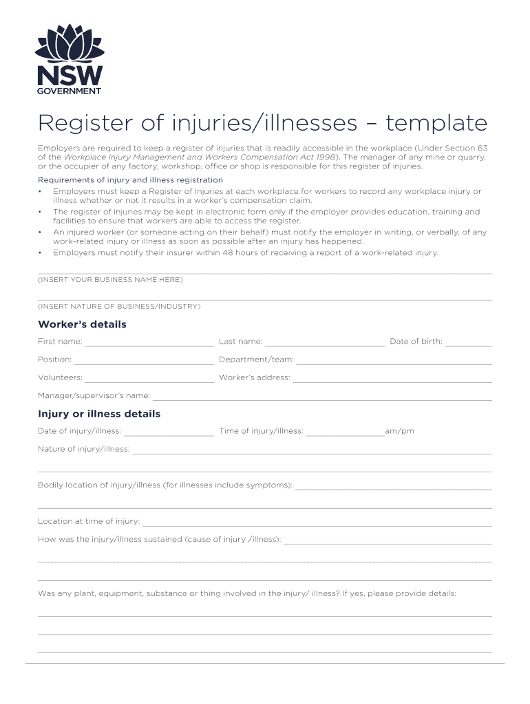 Fillable Online Register of injuries/illnessestemplate - SafeWork NSW ...