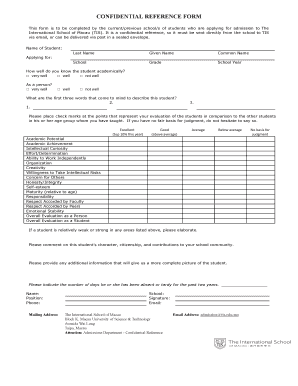 Fillable Online CONFIDENTIAL REFERENCE FORM - The International School ...