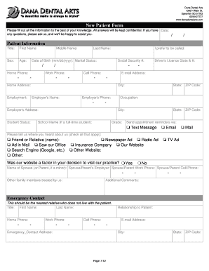 Fillable Online Dana Dental Arts New Patient Forms. Dana Dental Arts ...