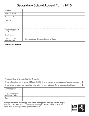 Fillable Online Secondary School Appeal Form 2018 - Simon Langton ...