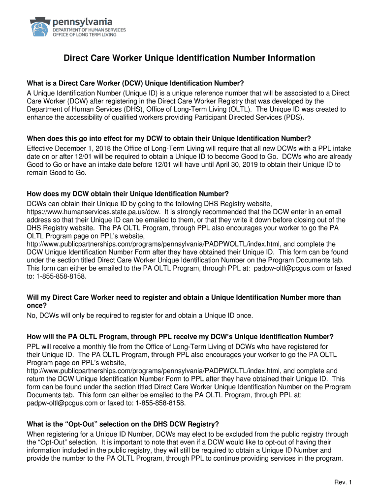 Fillable Online dcw unique id number Fax Email Print - pdfFiller