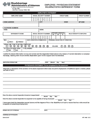 Fillable Online Employee / Physician Statement Incapacitated Dependent ...