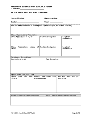 Fillable Online carc pshs edu scale personal information sheet - PSHS ...