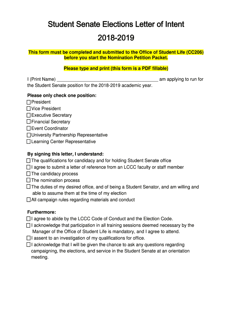 Fillable Online Student Senate Elections Letter of Intent 2018-2019 Fax ...