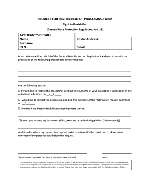 Fillable Online Data Subject Processing Restriction Request Form Article 18 of the ... Fax Email ...