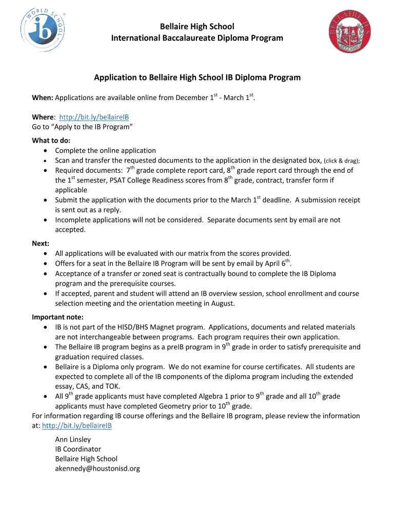 Fillable Online International Baccalaureate / Apply to the IB Program at Bellaire Fax Email ...