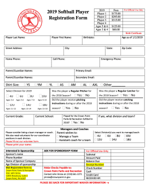 Fillable Online 2019 Softball Player Registration Form Fax Email Print ...