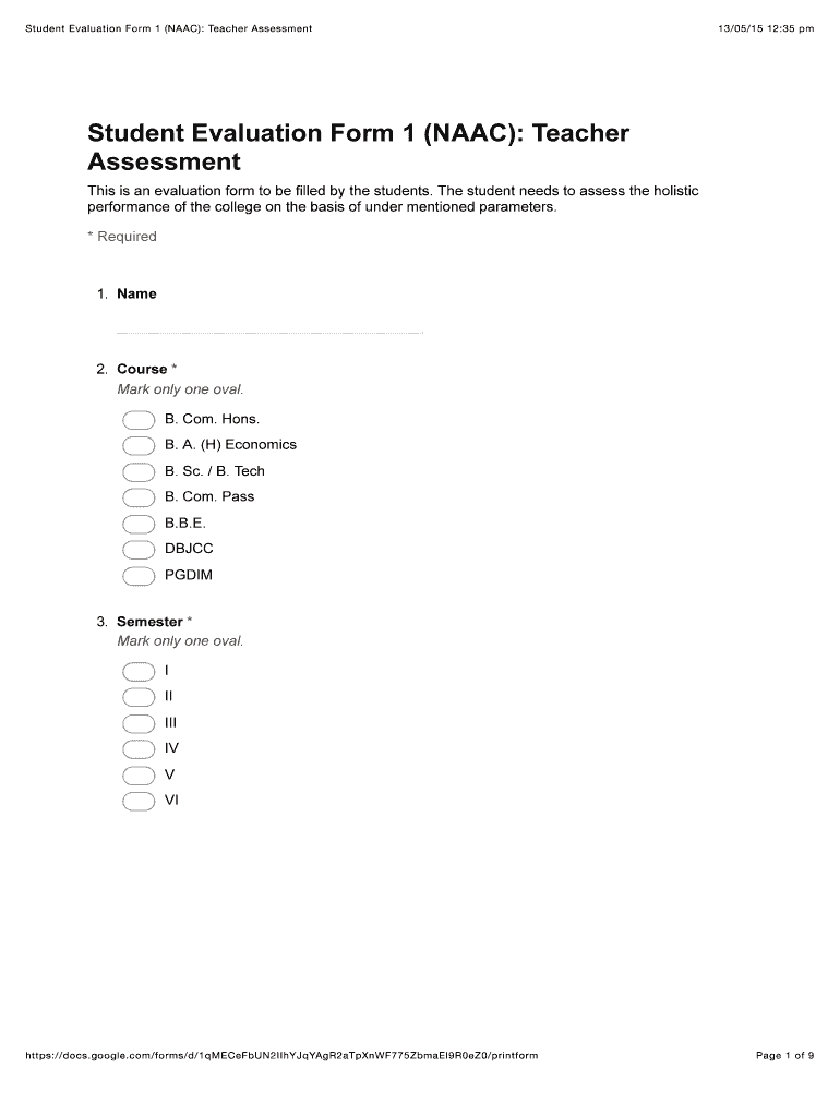 Fillable Online Student Evaluation Form 1 (NAAC): Teacher Assessment Fax Email Print - pdfFiller
