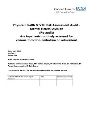 Fillable Online Physical Health & VTE Risk Assessment Audit - Mental ...