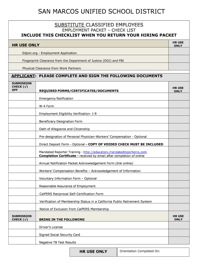 Fillable Online New Hire Checklist for Substitutes - Fresno Unified ...