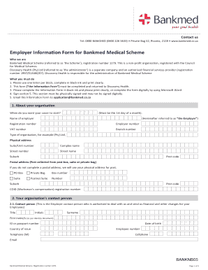 Fillable Online Employer Information Form for Bankmed Medical Scheme ...