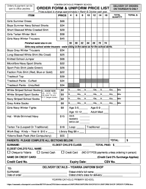 Fillable Online web yidarra wa edu ORDER FORM & UNIFORM PRICE LIST - Yidarra Catholic Primary ...