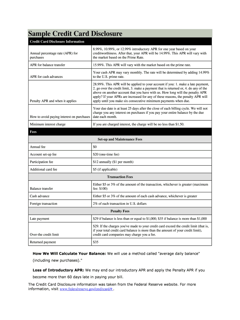 Handout 2.1: Sample Credit Card Disclosure Information - Fill and Sign ...