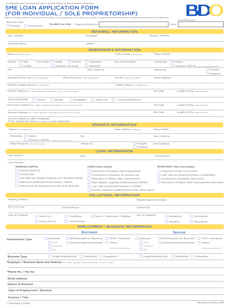 2018 2022 PH BDO SME Loan Application Form for Individual Sole 2018 2022 PH BDO SME Loan Application Form for Individual Sole