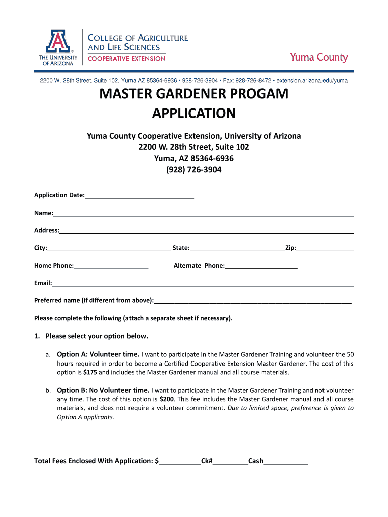Fillable Online extension arizona master gardener progam application ...
