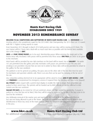 Fillable Online Hunts Kart Racing Club ESTABLISHED SINCE 1959 NOVEMBER ...