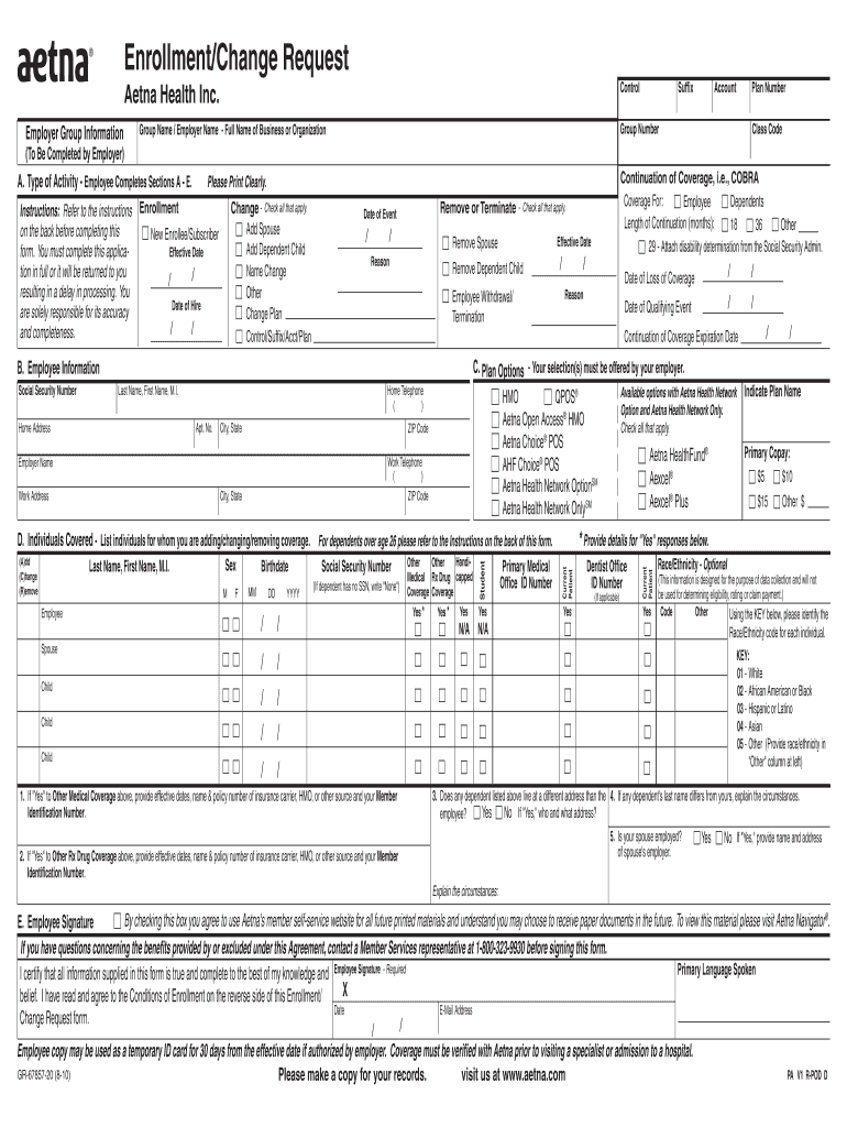Fillable Online Pennsylvania Employee Enrollment/Change Form - HMO - Aetna. Pennsylvania ...