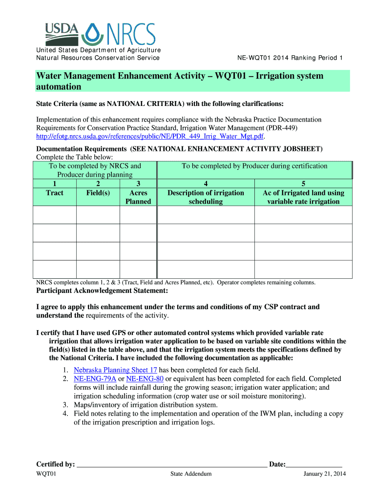 Fillable Online NE WQT01 Irrigation system automation;CSP;Water Management Enhancement Activity ...