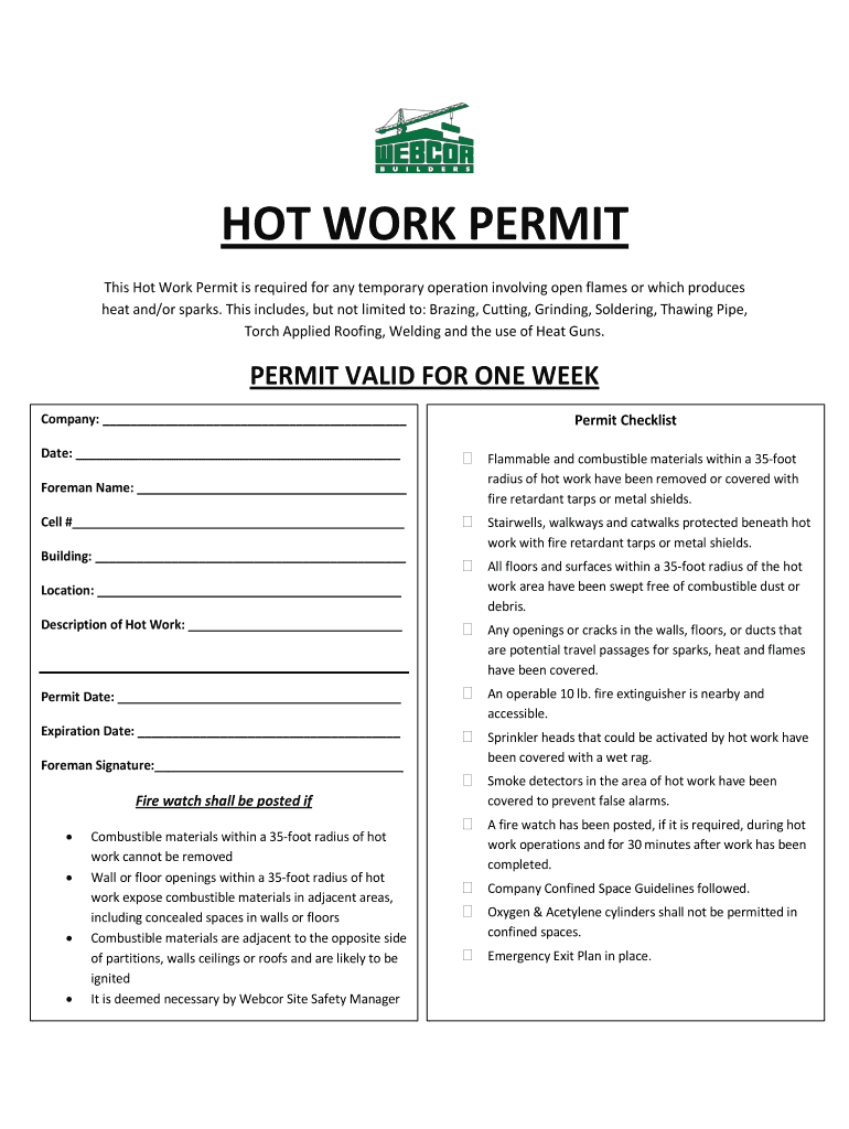 Fillable Online HOT WORK PERMIT - clicksafety.com Fax Email Print ...