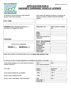 Fillable Online HACKNEY CARRIAGE VEHICLE LICENCE Fax Email Print ...