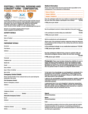 Fillable Online FOOTBALL FESTIVAL BOOKING AND CONSENT FORM ... Fax ...
