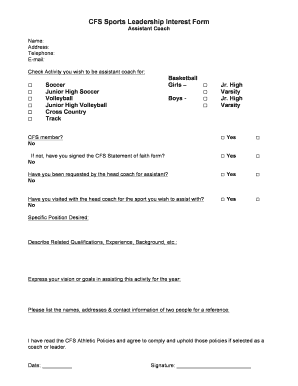 Fillable Online CFS SportsAssistantLeadInterest Form Fax Email Print ...