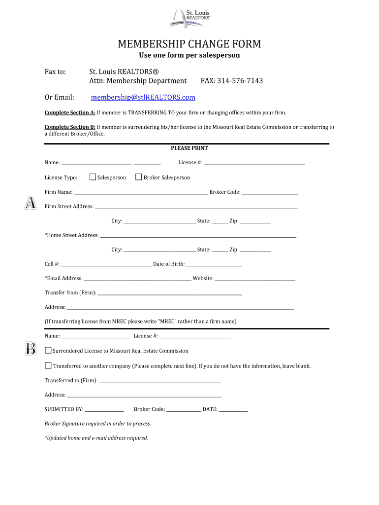 Fillable Online membership change form - St. Louis REALTORS Fax Email ...