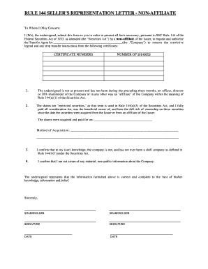 Fillable Online rule 144 seller's representation letter - non-affiliate - Continental ... Fax ...