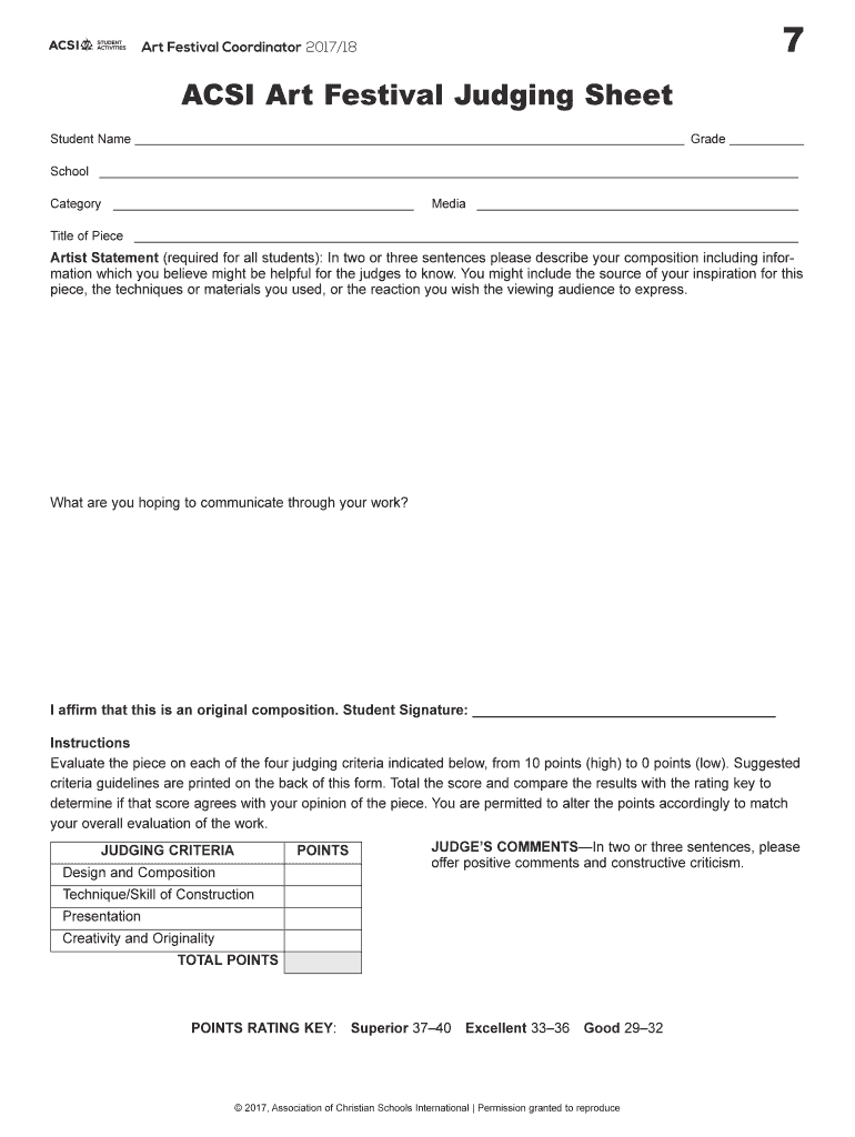 Fillable Online ACSI Art Festival Judging Sheet Fax Email Print - pdfFiller