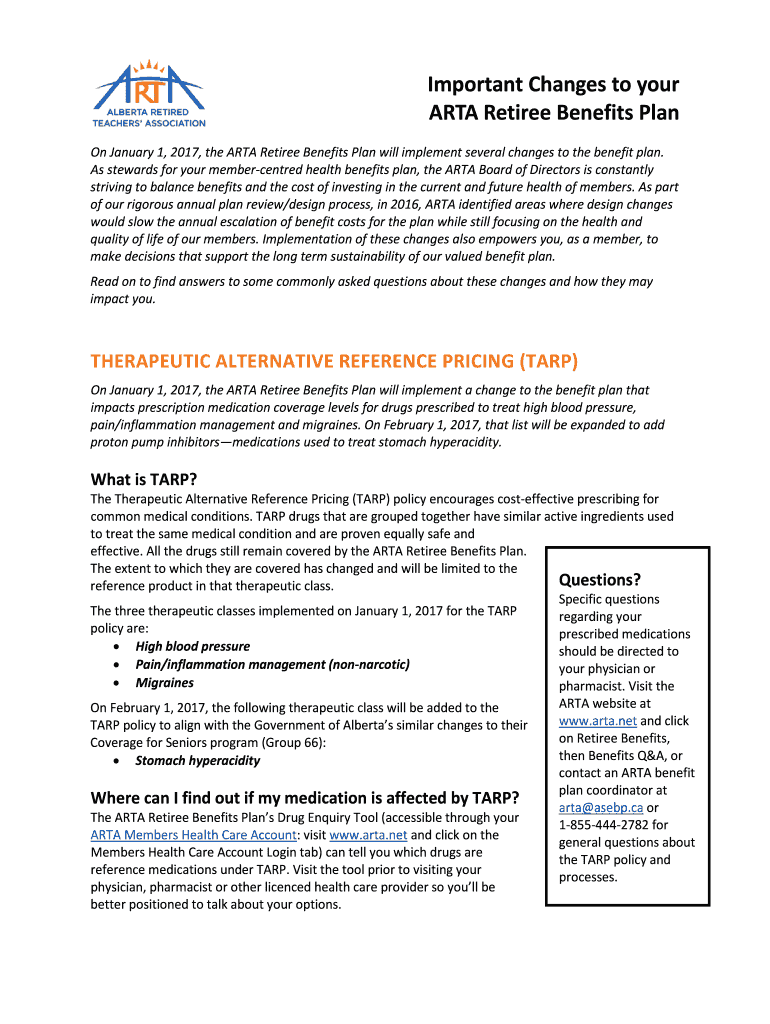 Fillable Online Important Changes to your ARTA Retiree Benefits Plan ...