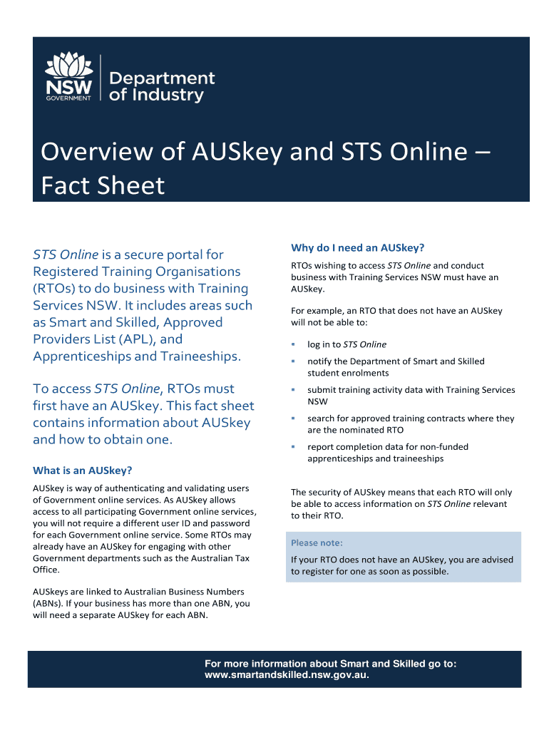 Fillable Online Overview of AUSkey and STS OnlineFact Sheet - Training ...