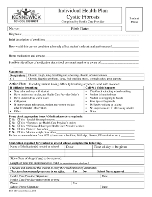 Fillable Online Cystic Fibrosis Individual Health Plan-Med Form Fax ...