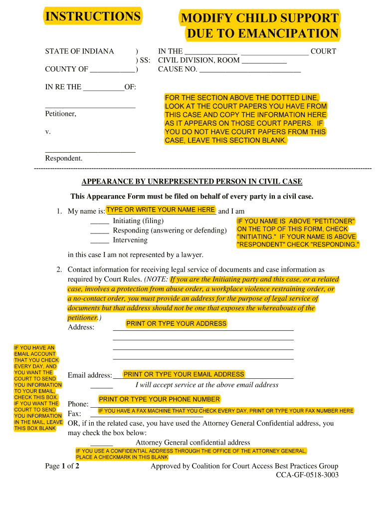Fillable Online INSTRUCTIONS MODIFY CHILD SUPPORT DUE TO EMANCIPATION ...