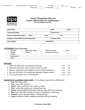 Fillable Online Allergy Management Plan and Parent Authorization for ...