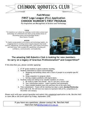 Fillable Online Fall/Winter FIRST Lego League (FLL) Application CHINOOK ...