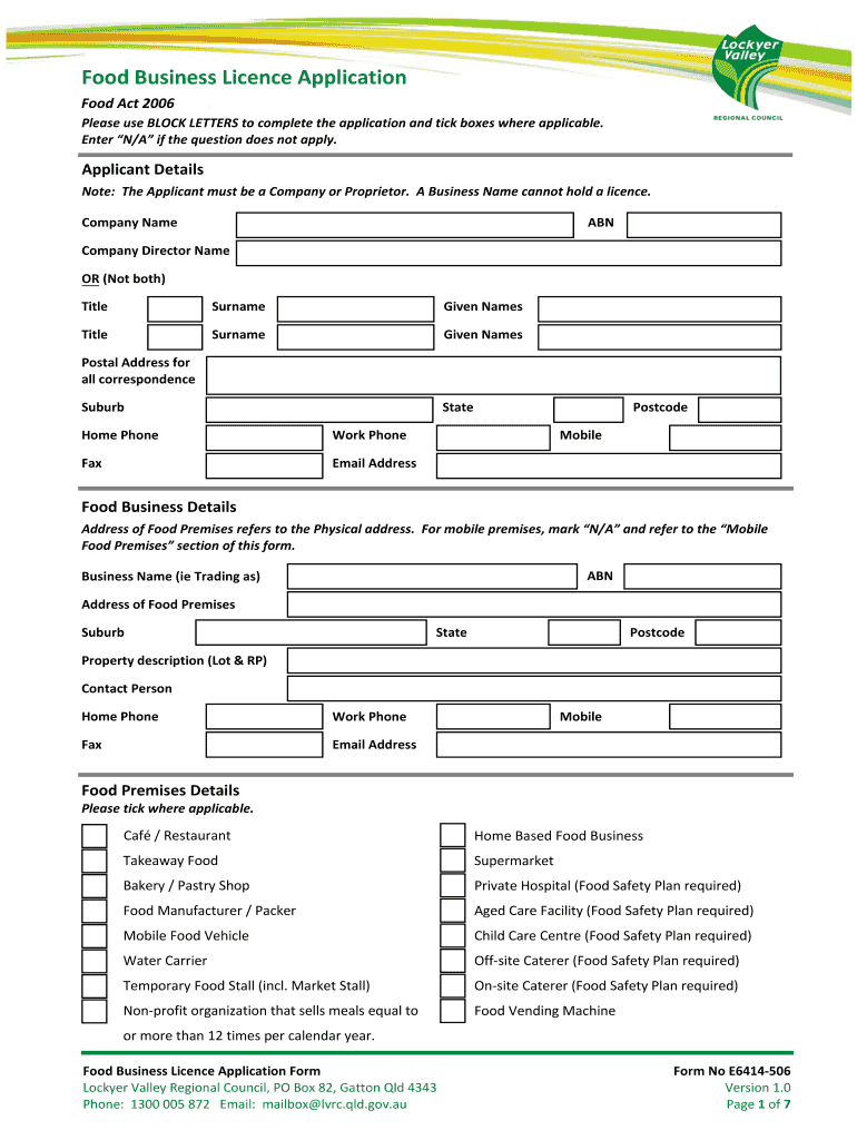 Fillable Online Food Business Licence Application - lockyervalley.qld ...