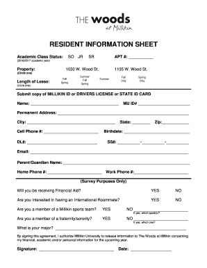 Fillable Online RESIDENT INFORMATION SHEET - The Woods at Millikin Fax ...