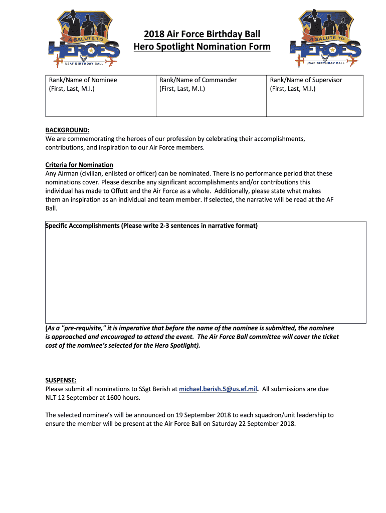 Fillable Online 2018 Air Force Birthday Ball Hero Spotlight Nomination ...