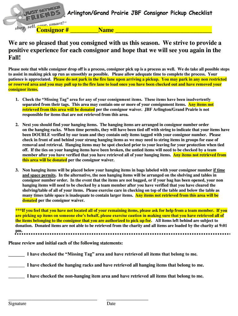 Fillable Online Arlington/Grand Prairie JBF Consignor Pickup Checklist ...