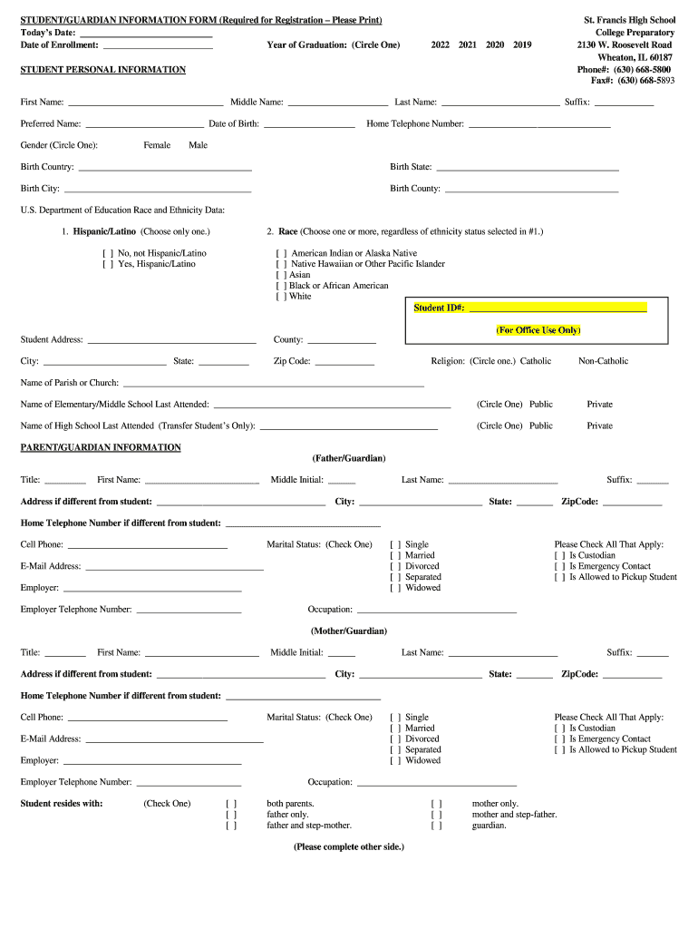 Fillable Online STUDENT/GUARDIAN INFORMATION FORM (Required for ...