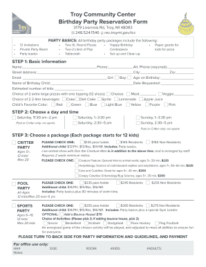 Fillable Online Troy Community Center Birthday Party Reservation Form ...