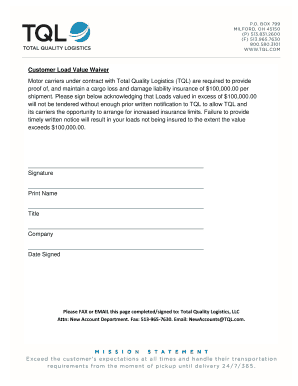 Fillable Online Customer Load Value Waiver Fax Email Print - pdfFiller