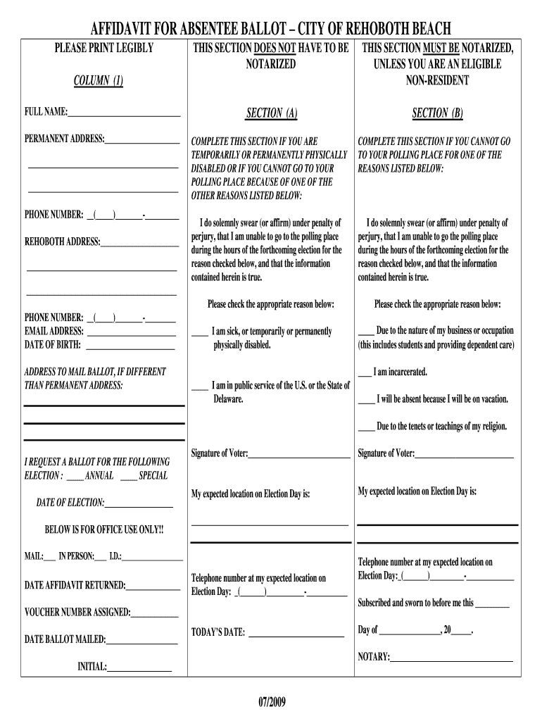 Fillable Online AFFIDAVIT FOR ABSENTEE BALLOT CITY OF REHOBOTH BEACH ...