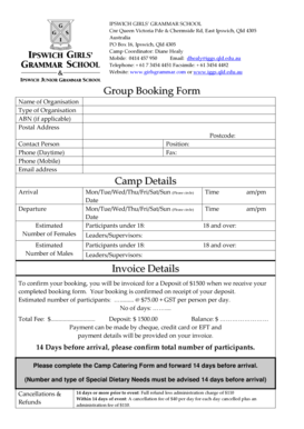 Fillable Online iggs qld edu Group Booking Form Camp Details Invoice ...