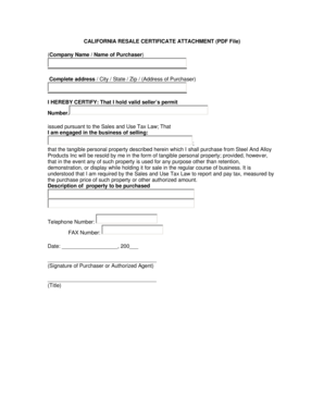 Fillable Online CALIFORNIA RESALE CERTIFICATE ATTACHMENT (PDF File ...