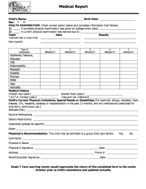 Fillable Online Medical Report Form (PDF) - Koalatcarelearningcenter ...