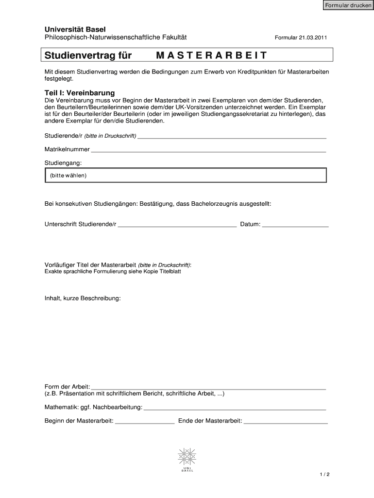 Ausfüllbar Online chemie unibas Studienvertrag f r MASTERARBEIT - Chemie Uni Basel - Universit t ...