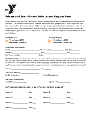 Fillable Online indymca Private and Semi-Private Swim Lesson Request ...