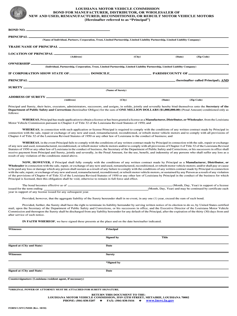 Fillable Online lmvc la F:LessieLMVC Forms - 2011Manufacturer of Motor ...