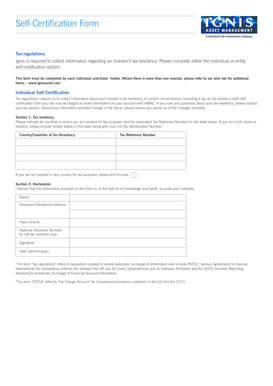 Fillable Online Self-Certification Form - Ignis Asset Management Fax ...